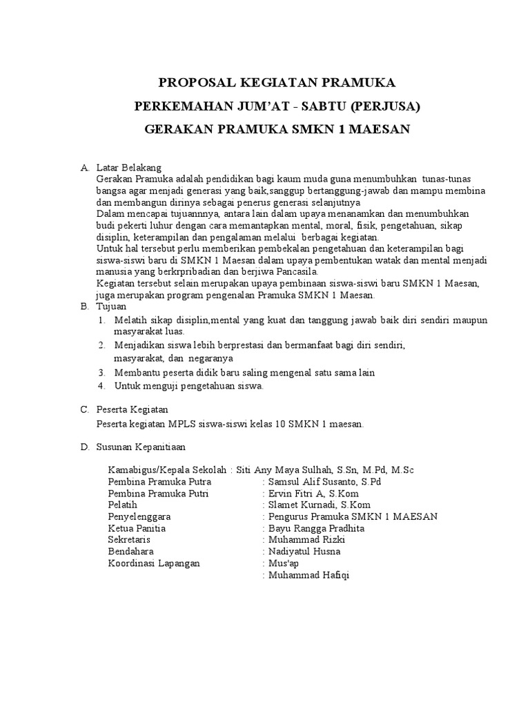 Proposal Perkemahan Pramuka SMKN 1 Maesan | PDF