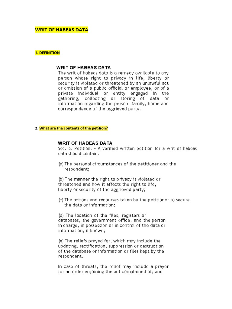 Writ of Habeas Data Explained | PDF | Law