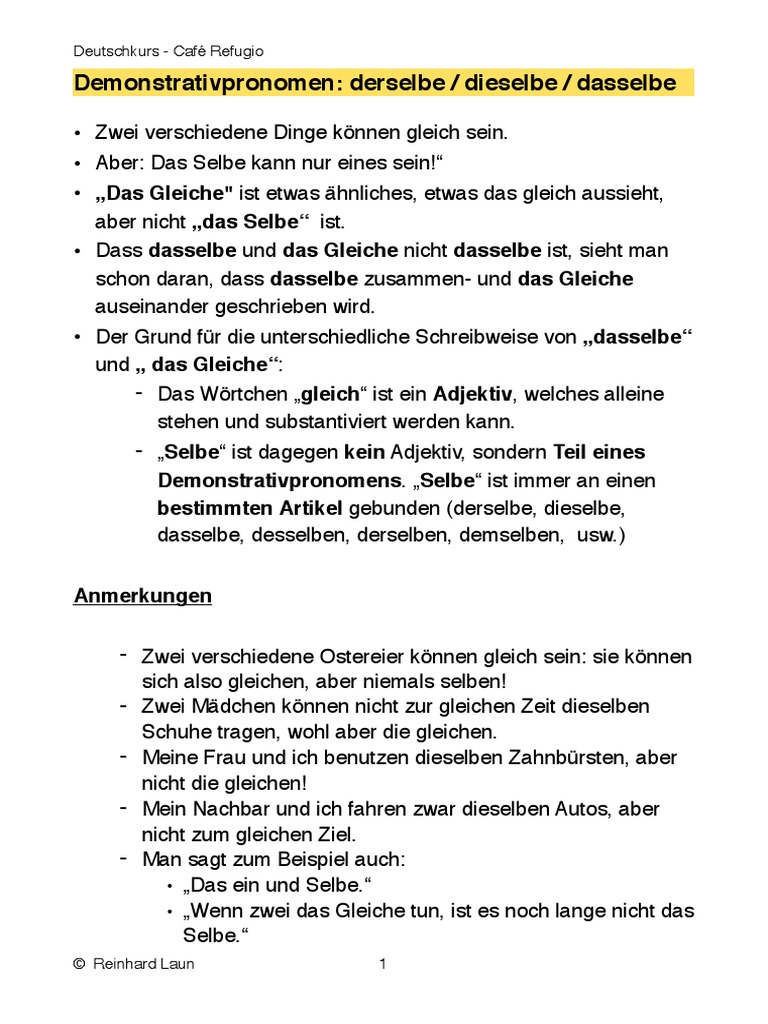 Demonstrativpronomen - Derselbe Dieselbe Dasselbe | PDF