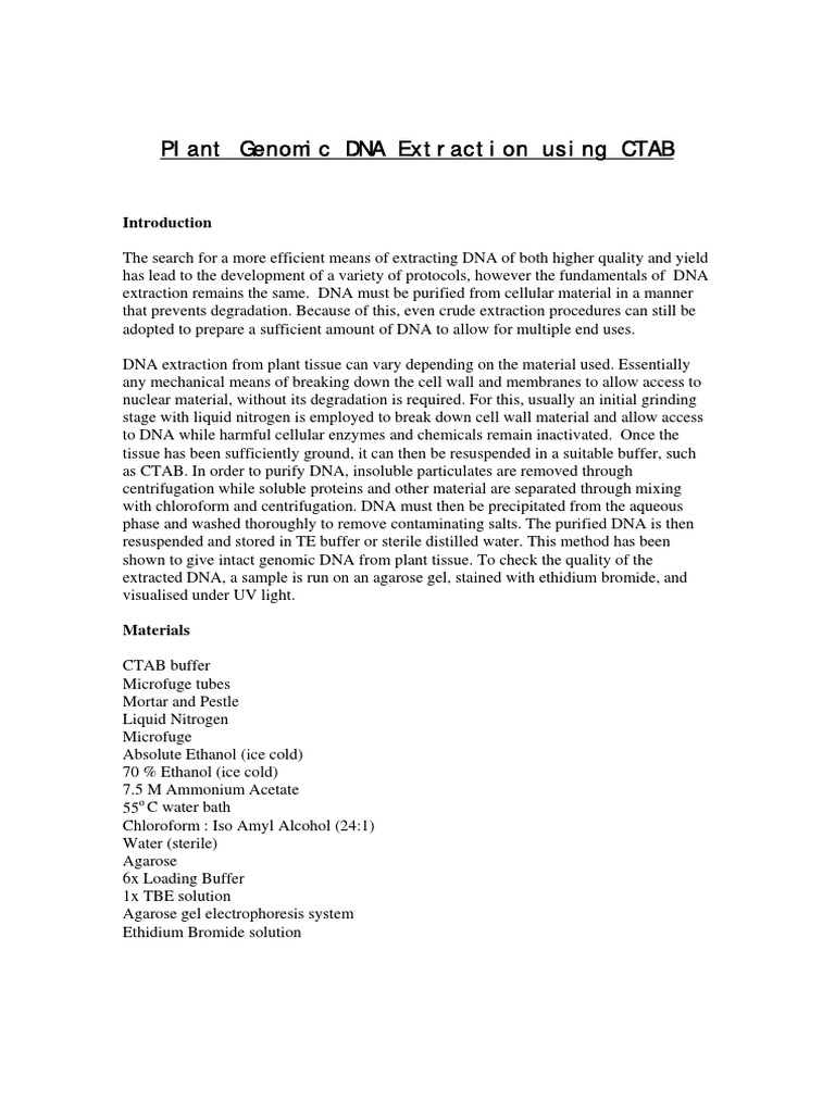 CTAB Protocol for Plant DNA Extraction | PDF | Agarose Gel ...