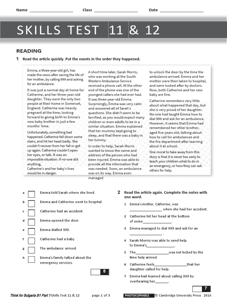 Think For Bulgaria B1 Part 1 Skills Test Units 11-12 | PDF