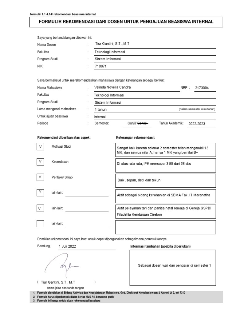 FORM Beasiswa 4 Rekomendasi Beasiswa Internal | PDF