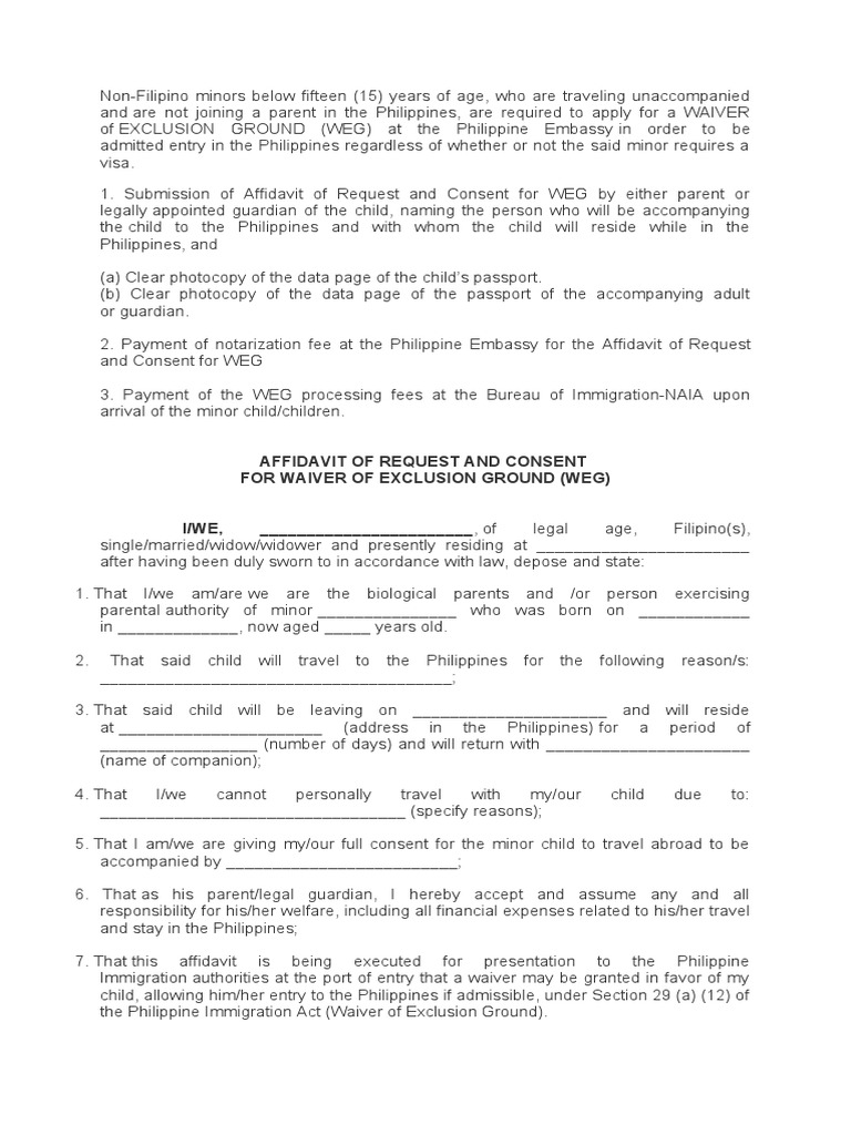 Affidavit of Request and Consent For Waiver of Exclusion Ground (Weg ...
