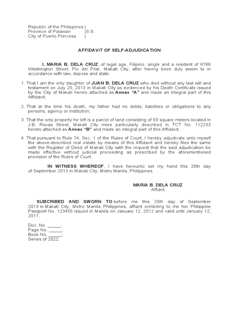 Affidavit of Self-Adjudication by Sole Heir | PDF | Social Science | Law