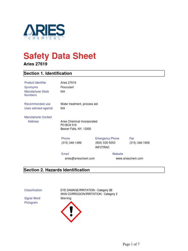 Safety Data Sheet: Aries 27619 Section 1. Identification | PDF