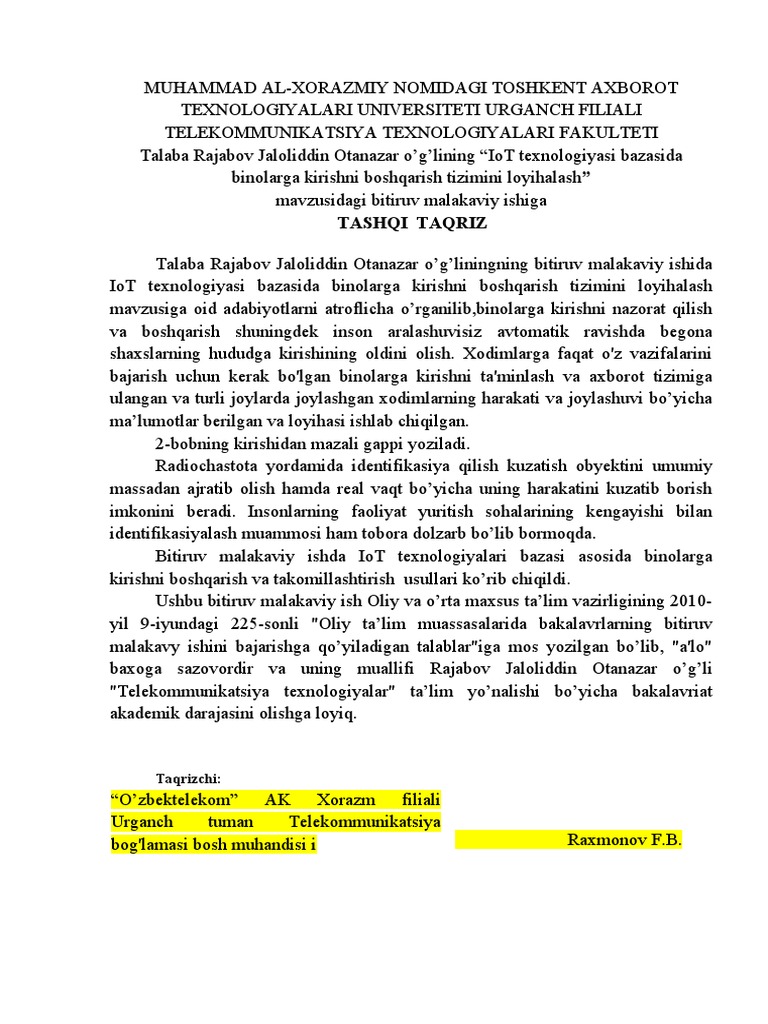 Tashqi Taqriz Namuna | PDF