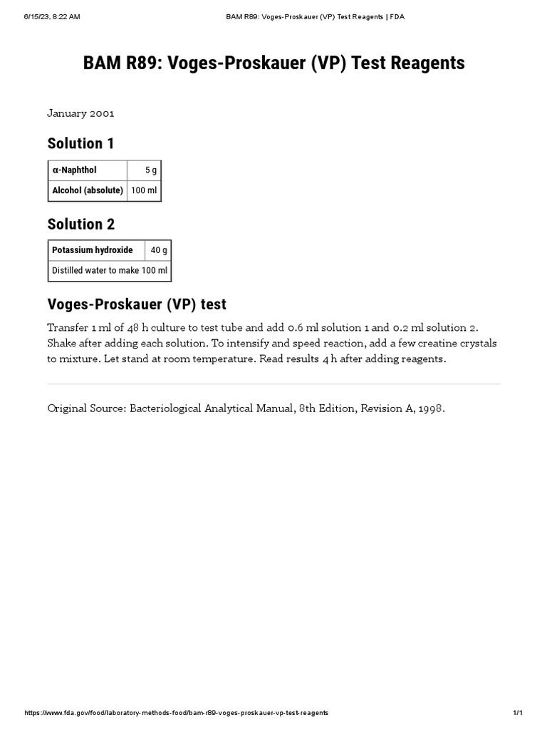 BAM R89 - Voges-Proskauer (VP) Test Reagents - FDA | PDF | Self ...