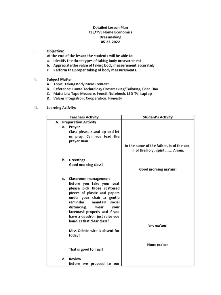 Guidelines for Taking Body Measurements | PDF | Lesson Plan | Clothing