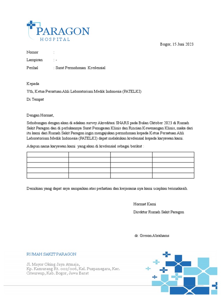 Surat Permohonan Kredensial Rs Paragon | PDF