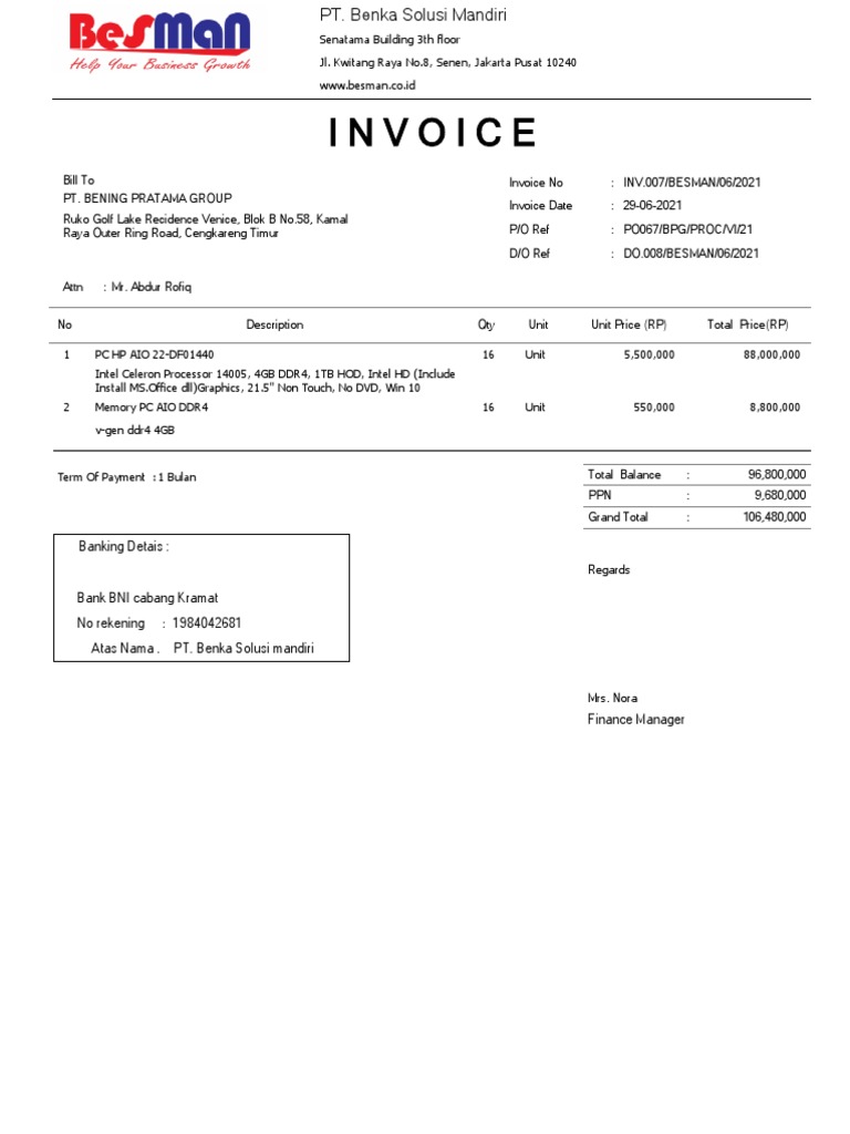 Invoice No. INV.007 - BESMAN - 06 - 2021 | PDF | Computer Engineering | Computer Hardware