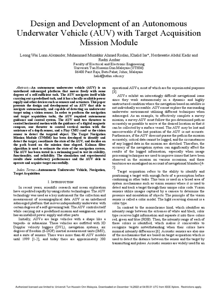 Design and Development of An Autonomous Underwater Vehicle AUV With Target Acquisition Mission ...