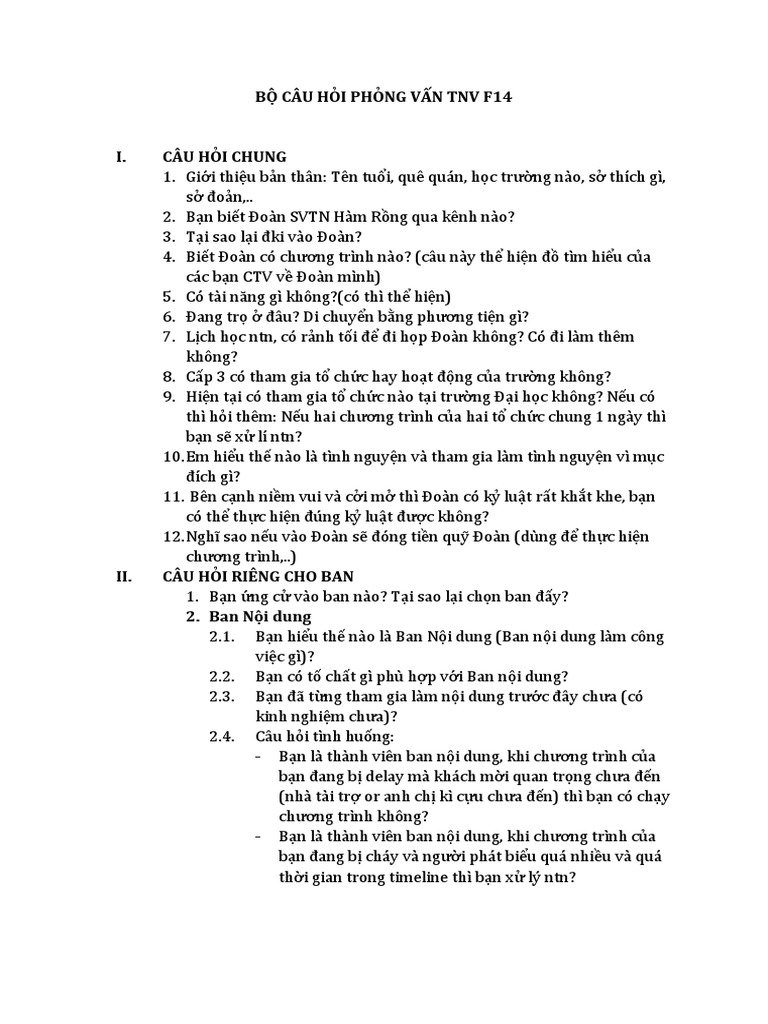 BỘ CÂU HỎI PHỎNG VẤN TNV F14 | PDF
