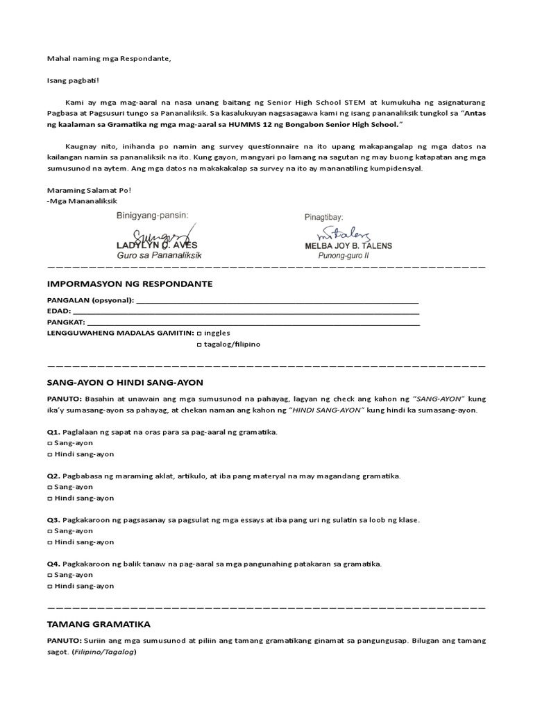 Questionnaire Final Na Talaga | PDF