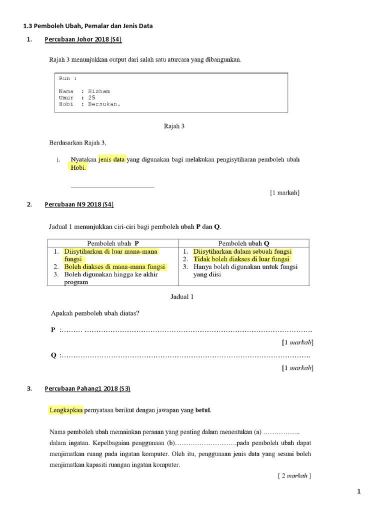 1-3 Pemboleh Ubah, Pemalar Dan Jenis Data | PDF