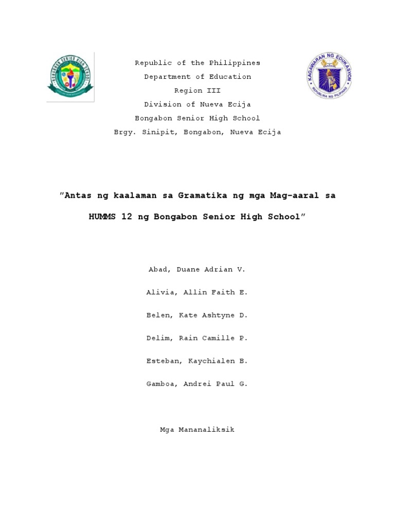 Antas NG Kaalaman Sa Gramatika NG Mga Mag-Aaral Sa Humms 12 NG Bongabon ...