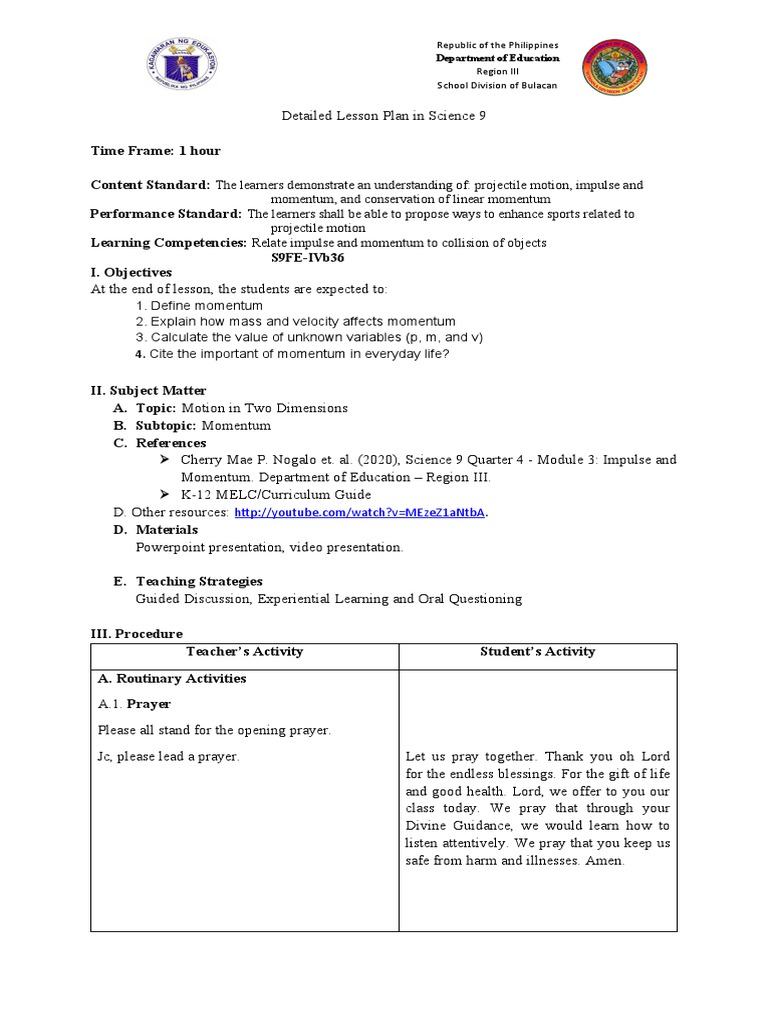 Detailed Lesson Plan Momentum | PDF | Momentum | Force