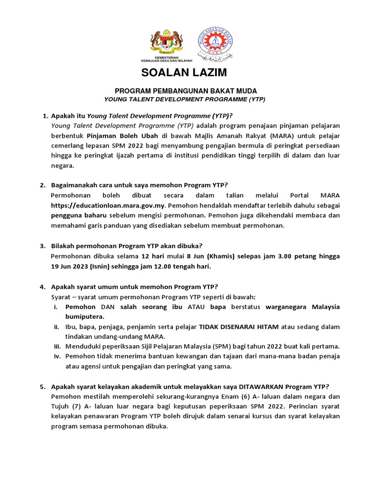 SOALAN LAZIM PROGRAM YTP 2023 - v2 | PDF
