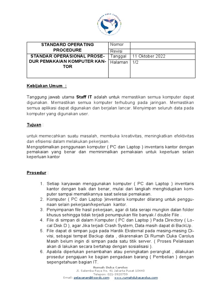 Standar Operasional Prosedur Pemakaian Komputer Kantor | PDF
