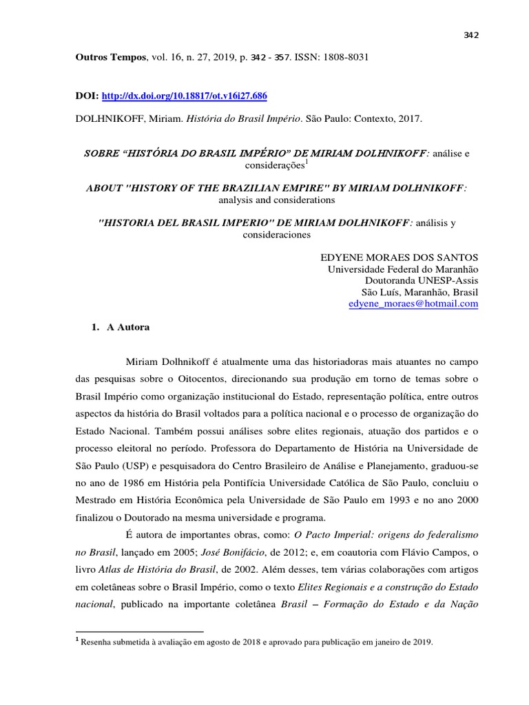 Admin, Ok - 13 - 2019.1 - Resenha 2 - SOBRE "HISTÓRIA DO BRASIL IMPÉRIO" DE MIRIAM DOLHNIKOFF ...