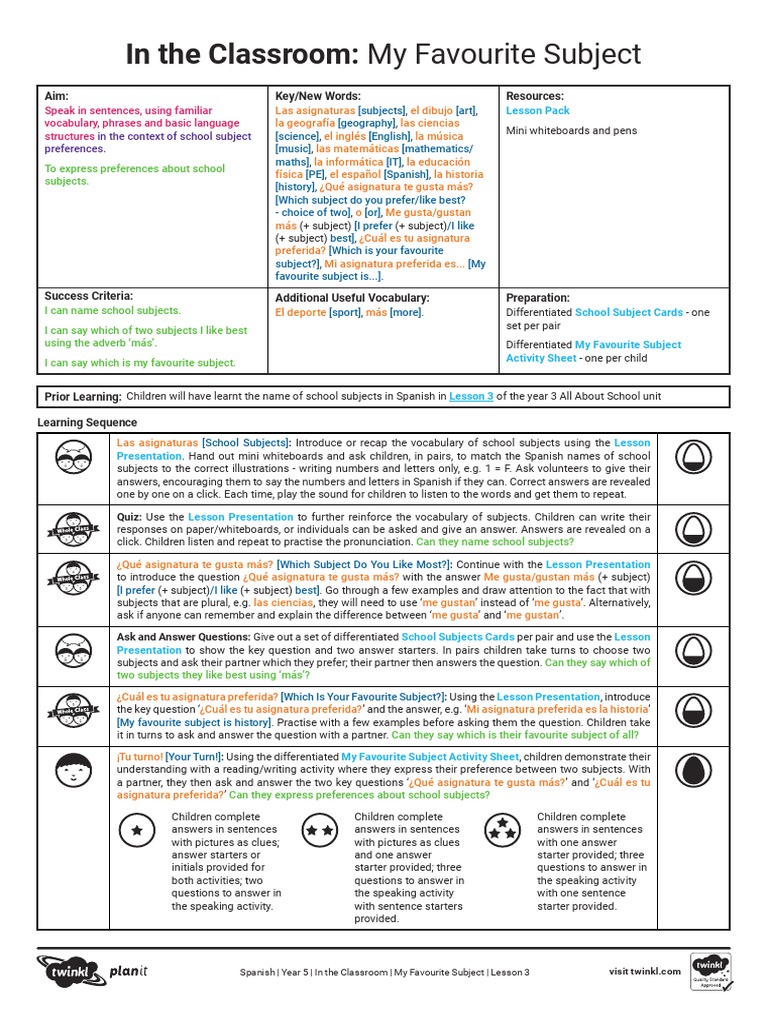 My Favourite Subject in Spanish | PDF | Grammatical Gender | Cognitive ...