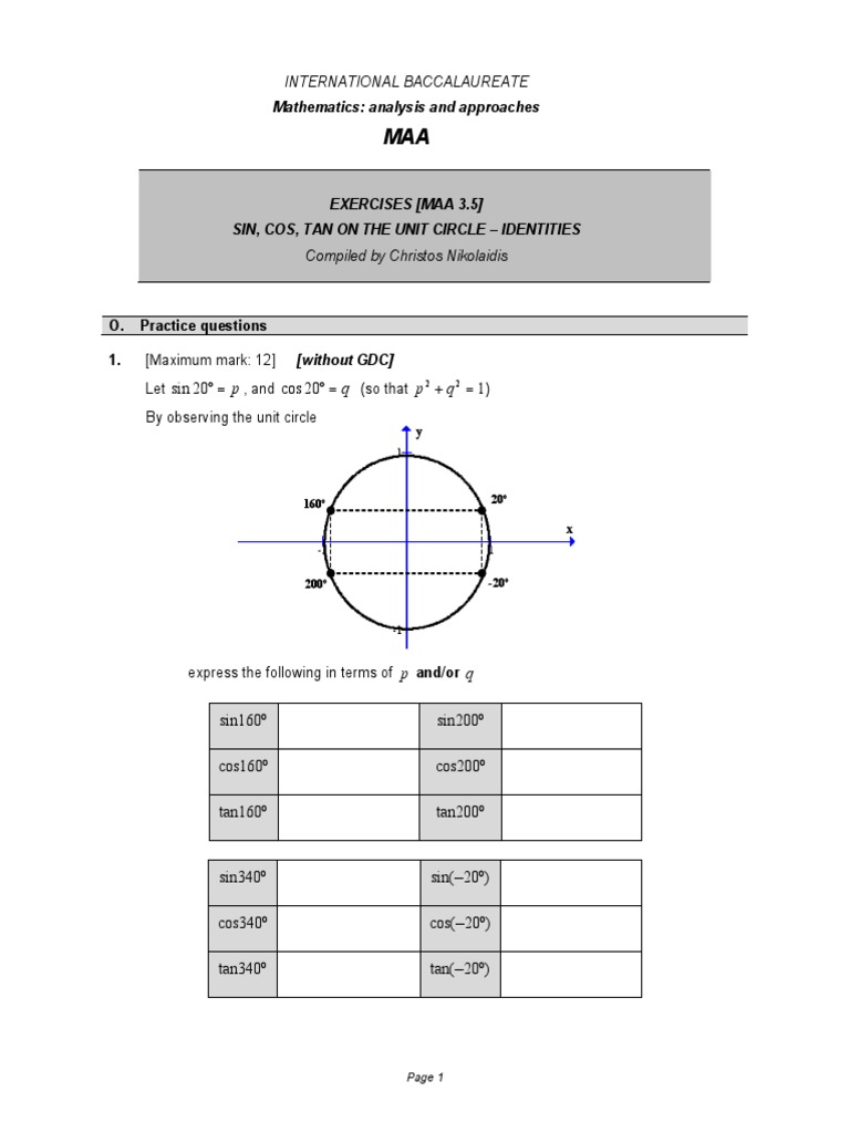 (Maa 3.5) Sin, Cos, Tan On The Unit Circle - Identities | PDF | Triangle | Trigonometric Functions