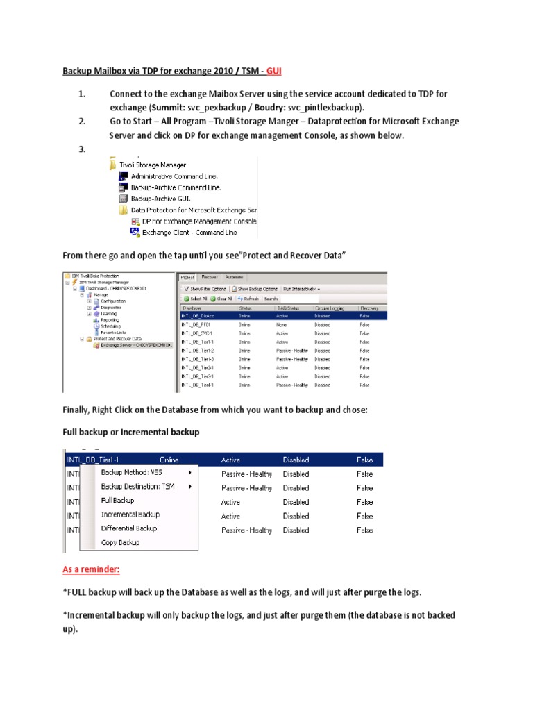 TDP Exchange 2010 Process For Backup - Restoration - Cel | PDF | Backup | Microsoft Exchange Server