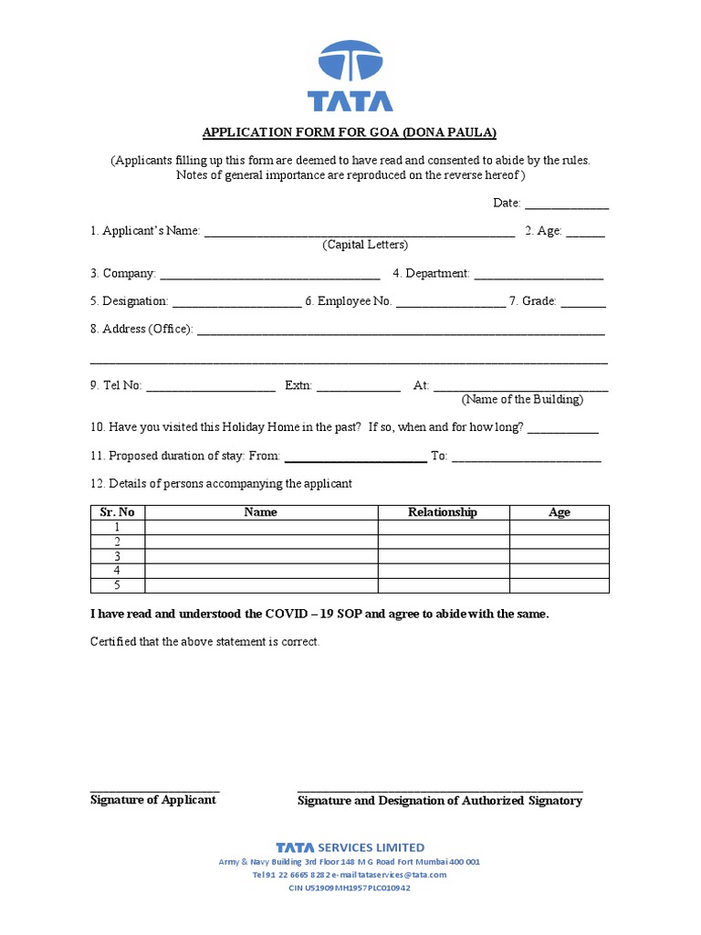 Application Form For Goa Dona Paula | PDF