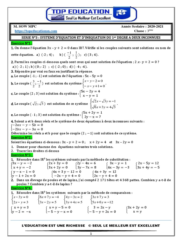 Serie D'exercice N°3 Systheme Equation Et Inequations Du 1er Degre A 2 Inconnues 3ème 2020-2021 ...