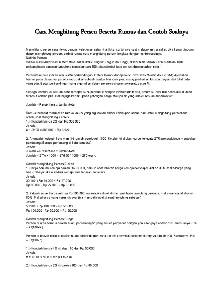 Cara Menghitung Persen Beserta Rumus Dan Contoh Soalnya | PDF
