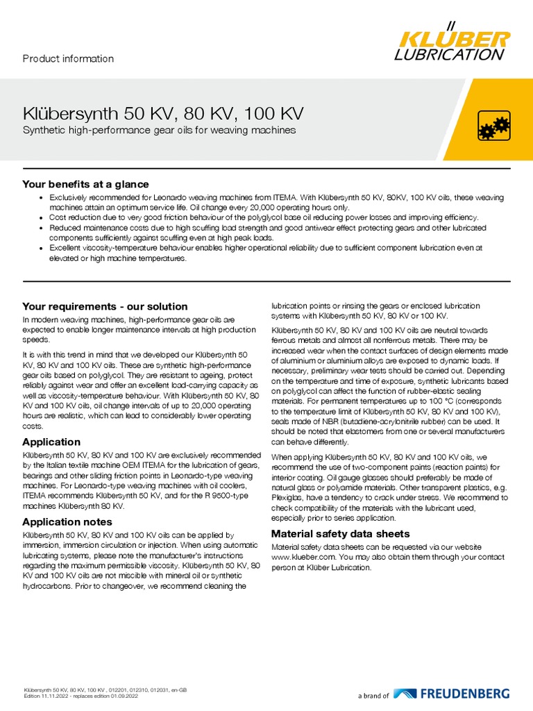 Kluebersynth 50 KV 80 KV 100 KV 012201 PI GB en | PDF