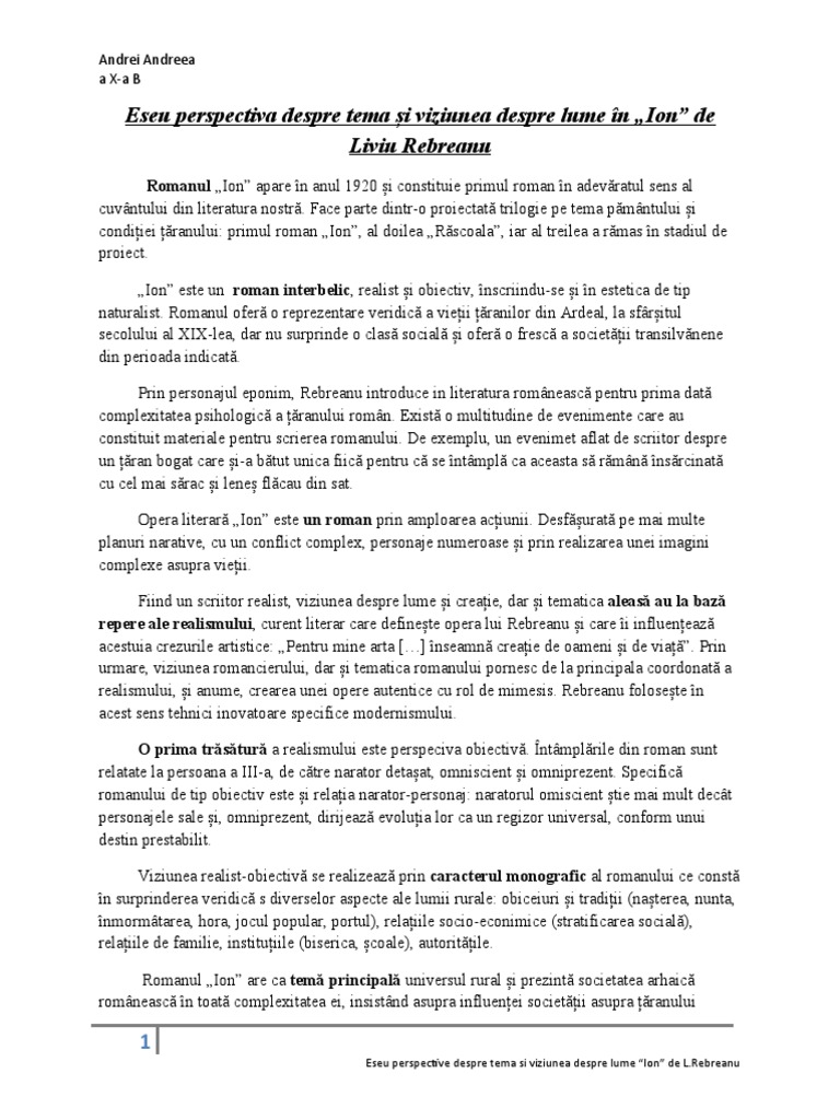Eseu Perspectiva Despre Tema Și Viziunea (ION) | PDF