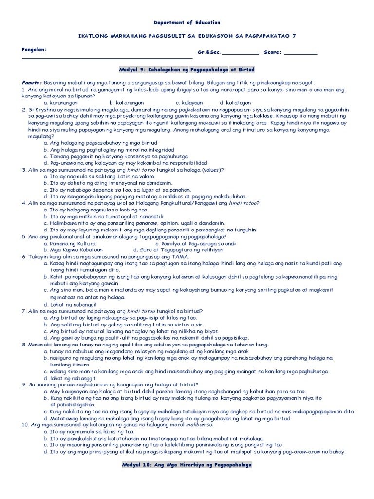 Esp 7 3rd Quarter Exam | PDF