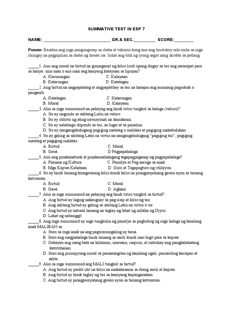 Summative Test Esp 7 | PDF