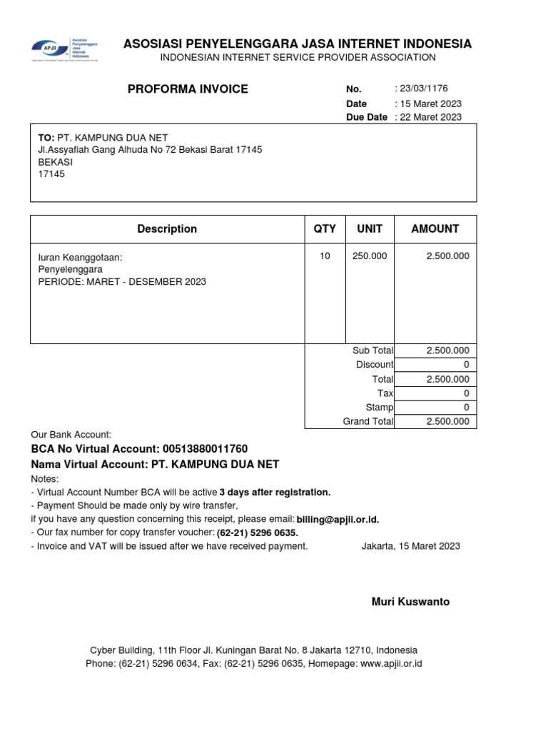 Asosiasi Penyelenggara Jasa Internet Indonesia: Proforma Invoice | PDF