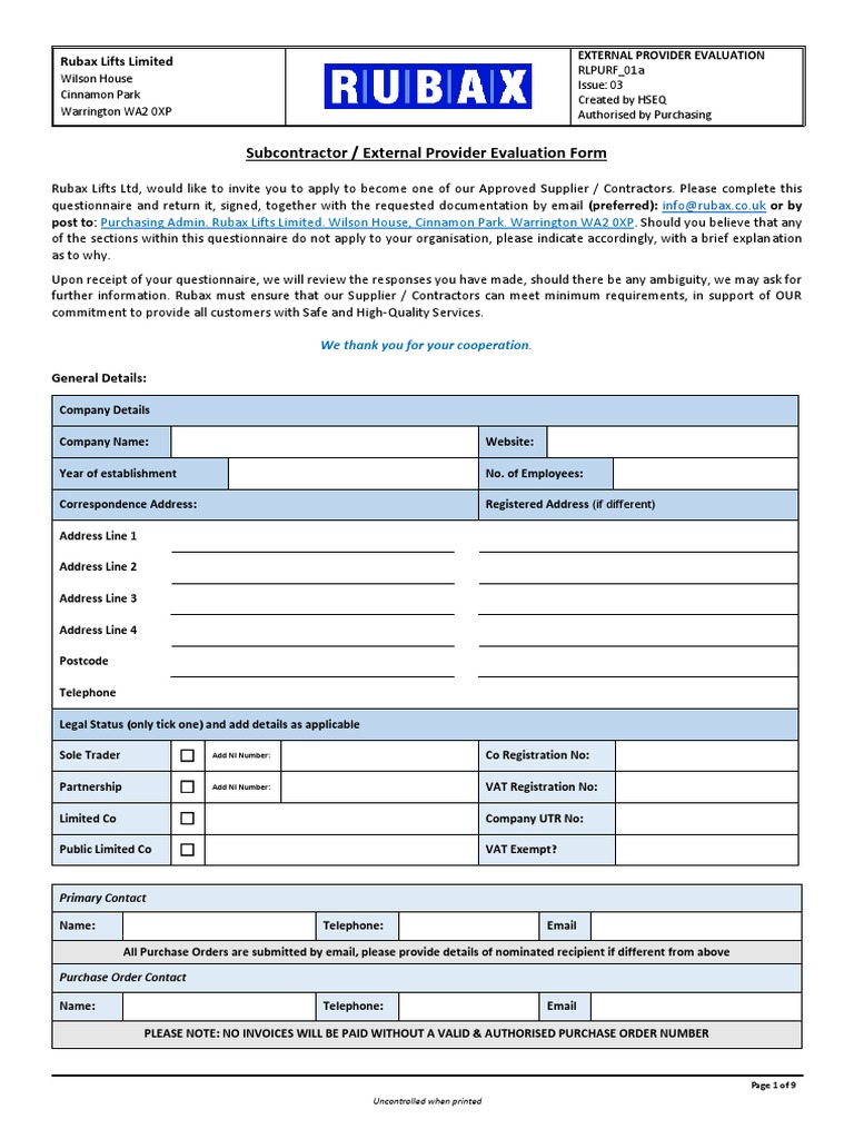 Subcontractor External Provider Evaluation Form 140421 | PDF ...