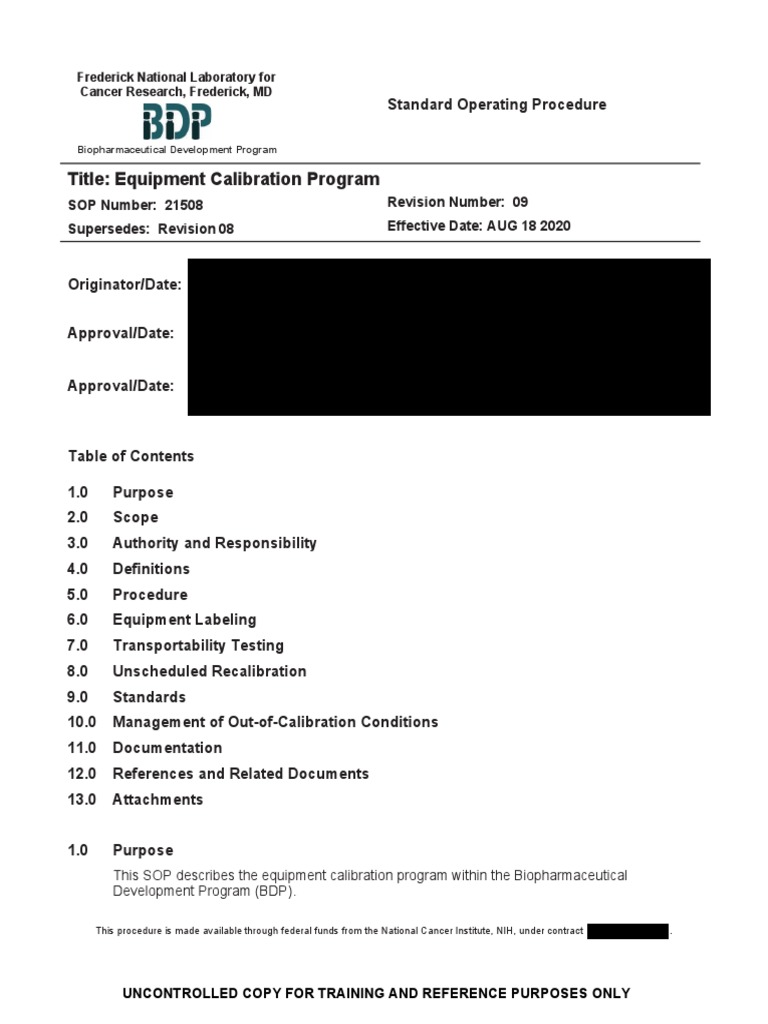 Equipment Calibration SOP Overview | PDF | Business | Computers