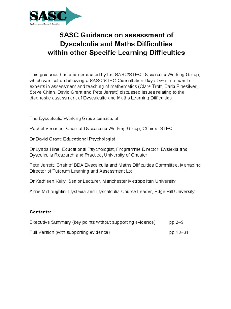 SASC Guidance on Dyscalculia Assessment | PDF | Learning Disability ...