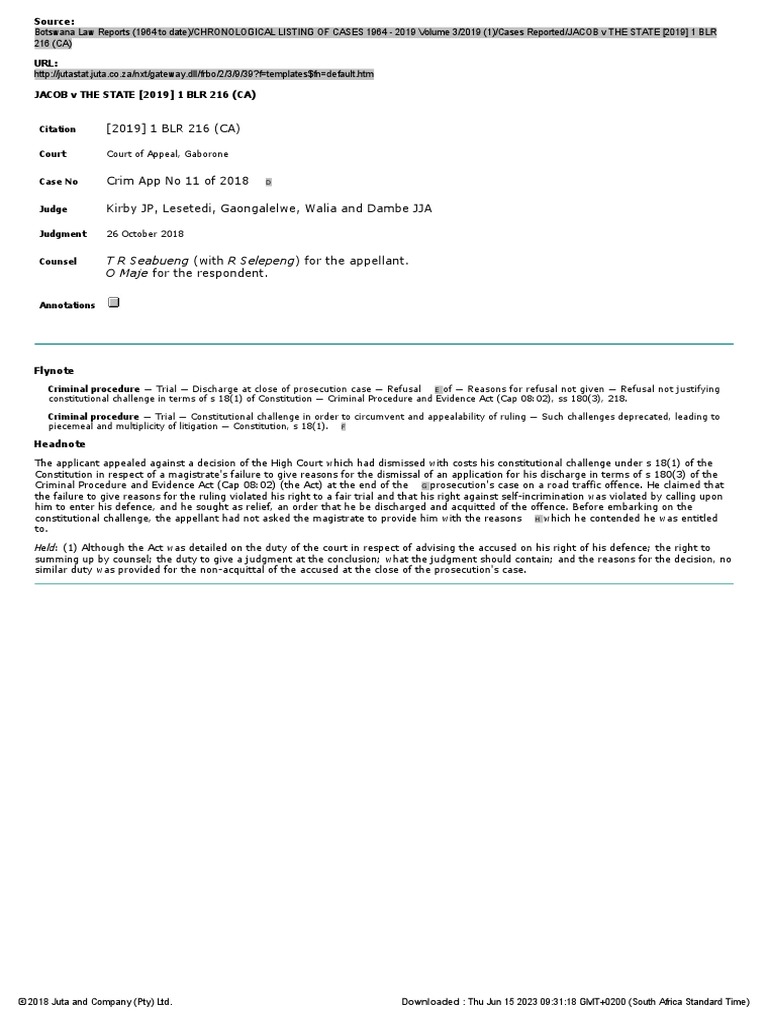 JACOB V THE STATE (2019) 1 BLR 216 (CA) | PDF | Criminal Procedure In ...