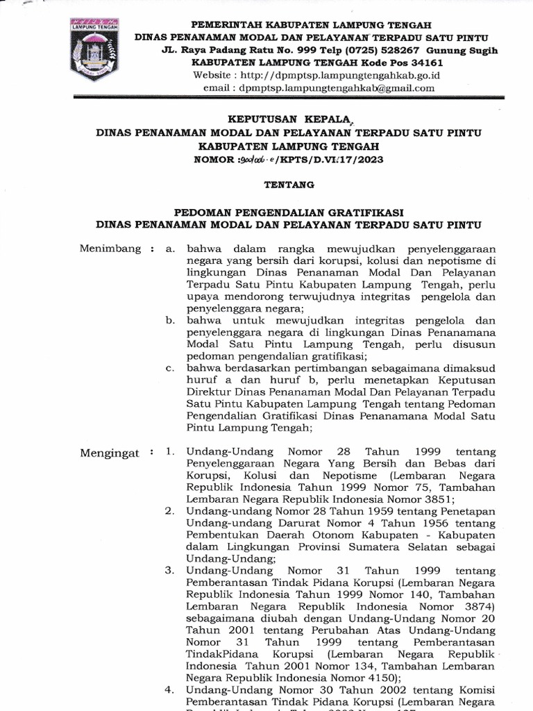 Pedoman Pengendalian Gratifikasi DPMPTSP | PDF