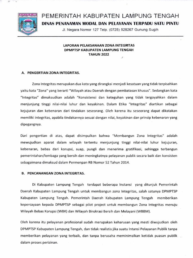 Laporan Pelaksanaan Zi DPMPTSP | PDF