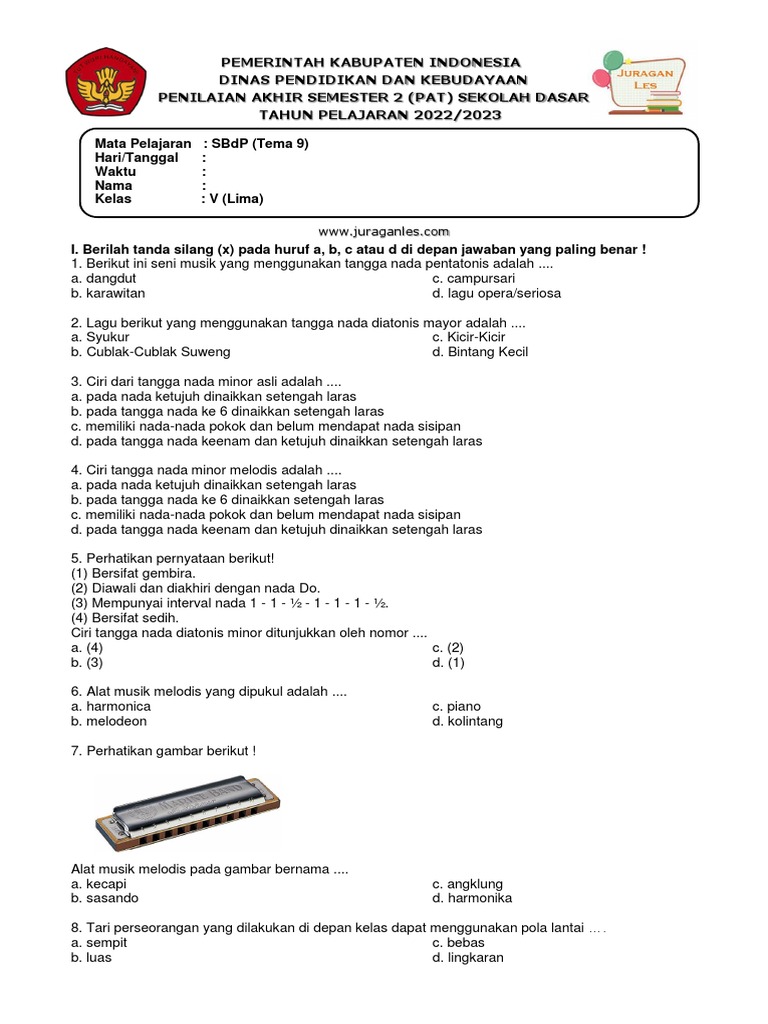 Soal Tema 9 Kelas 5 Semester 2 T.A 2022-2023 Mapel SBDP | PDF | Metode & Bahan Ajar