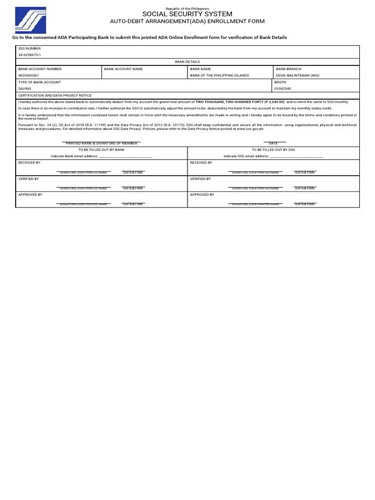 Social Security System: Auto-Debit Arrangement (Ada) Enrollment Form ...