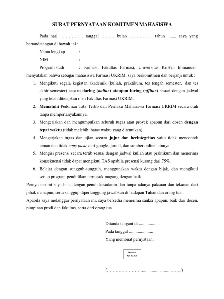 Surat Pernyataan Komitmen Mahasiswa (Akademik) | PDF