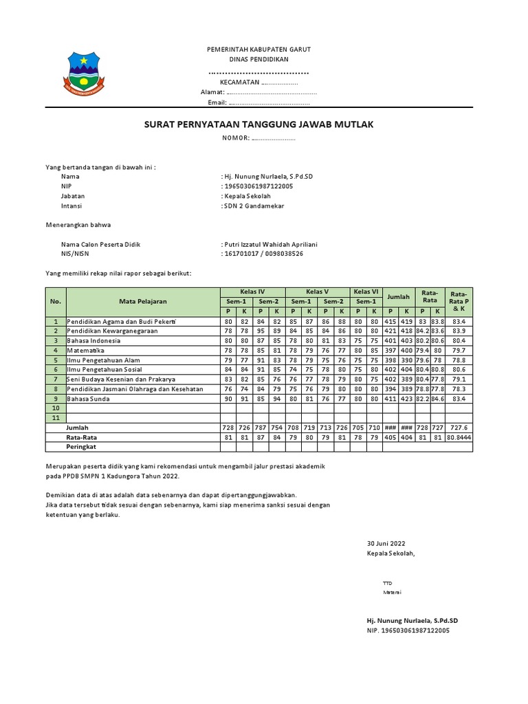 FORMAT SPTJM KEPSEK SD-MI (KHUSUS JALUR PRESTASI AKADEMIK NILAI RAPOR ...