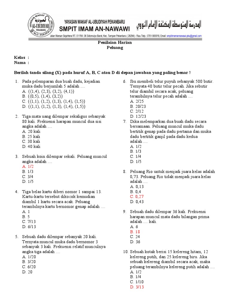 Penilaian Harian Peluang 20 soal 2023 | PDF