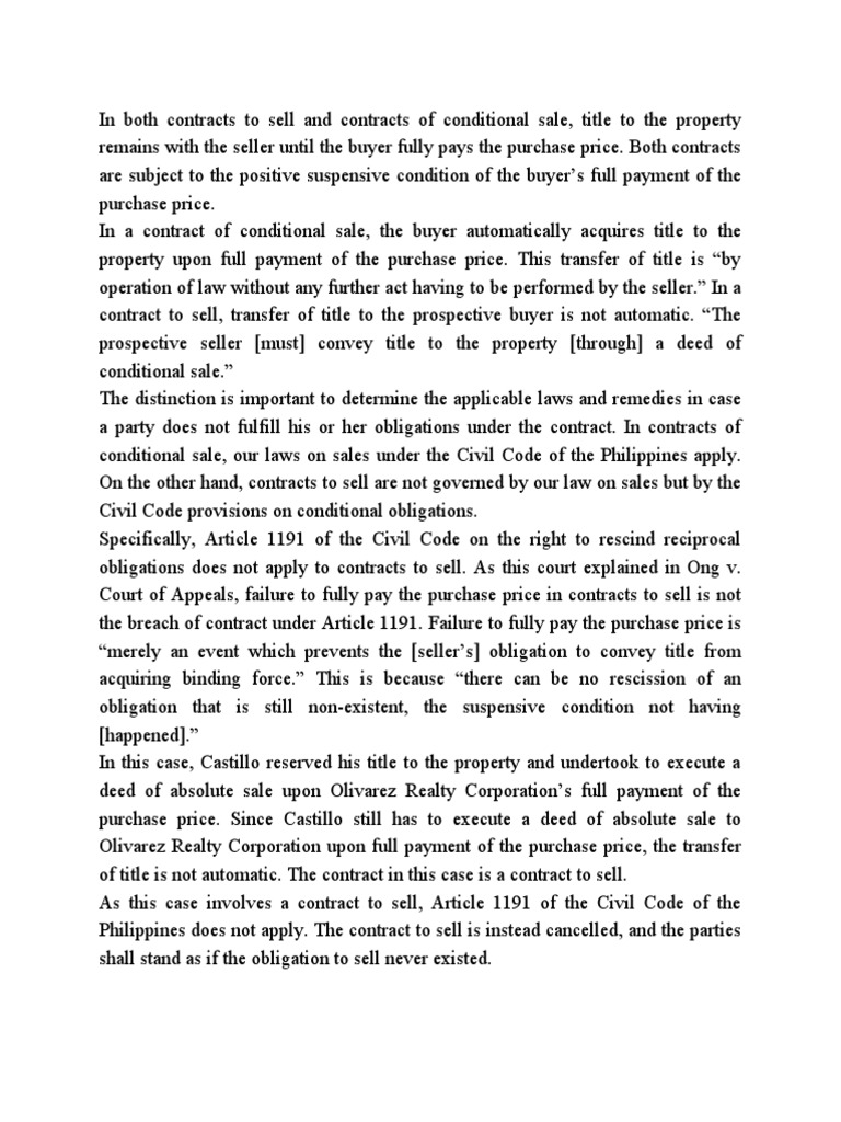 conditional contract of sale vs. contract to sell | PDF