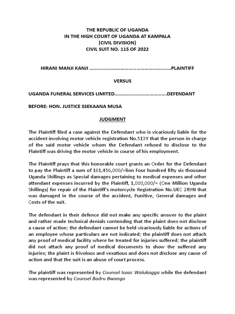 Uganda High Court Ruling on Accident Case | PDF | Negligence | Legal ...