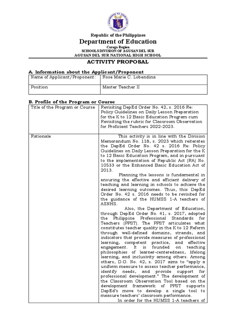 ACTIVITY PROPOSAL - LAC-Session-3-2023-DLL-Rubric-CO | PDF
