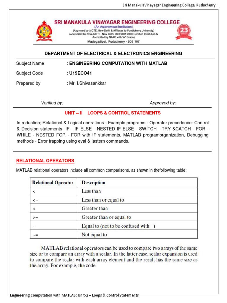 Unit-2 Engineering Computation With MATLAB | PDF | Control Flow | Computer Program
