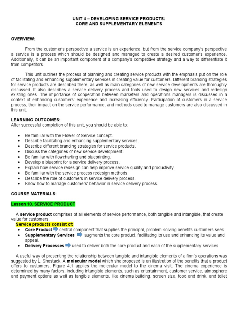 Unit 4 Developing Service Products Core and Supplementary Elements ...